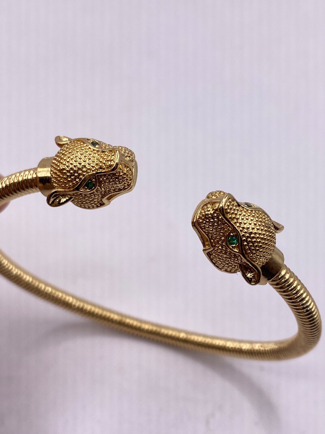 Vintage Cougar Cat Bangle Bracelet Gold Filled Green Crystal Eyes - Etsy