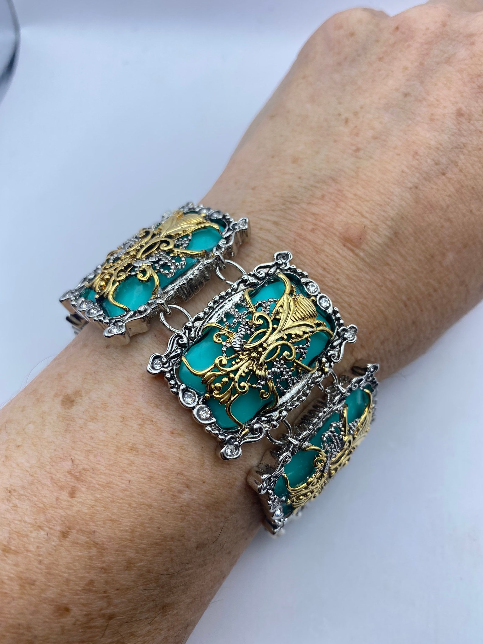 Vintage Austro Green Glass Jade Bracelet Silver Gold Stainless - Etsy