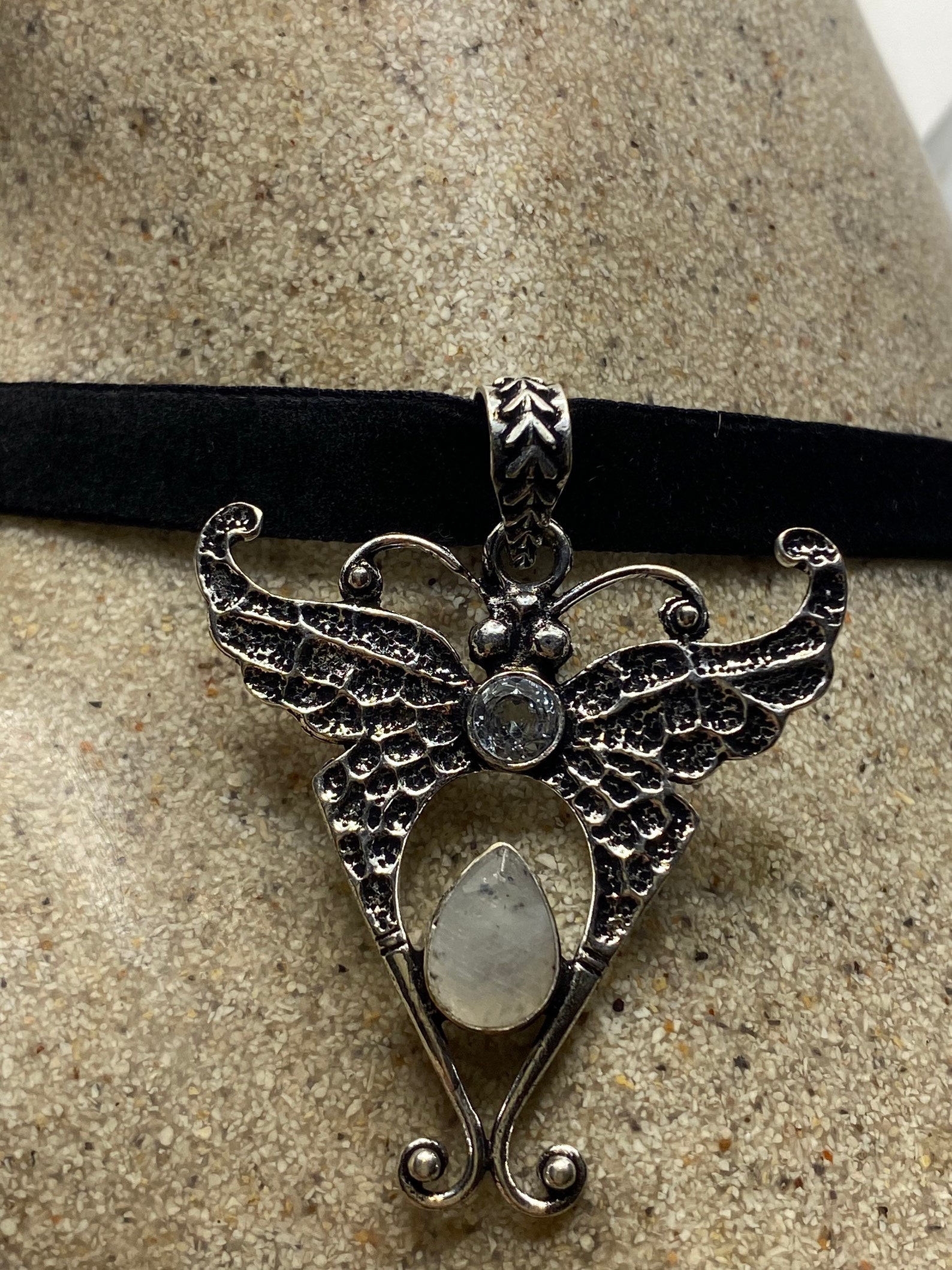 Vintage Lunar Moth Choker Blue Aquamarine Rainbow Moonstone Necklace - Etsy