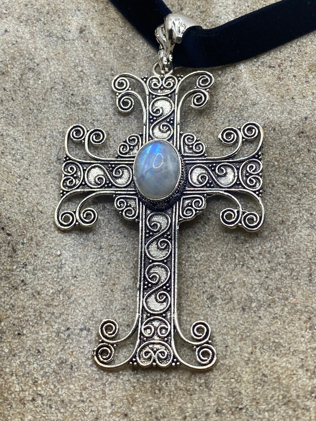 Bohemian Genuine Rainbow Moonstone Cross Choker Necklace - Etsy