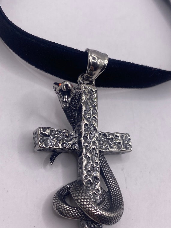 Vintage Stainless Steel Cobra Snake Cross Pendant Nec… - Gem