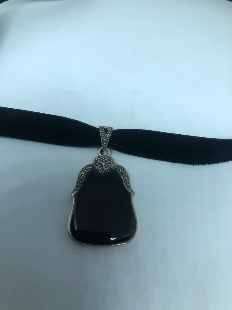 Vintage Black Onyx Marcasite Choker 925 Sterling Silver Deco Pendant ...