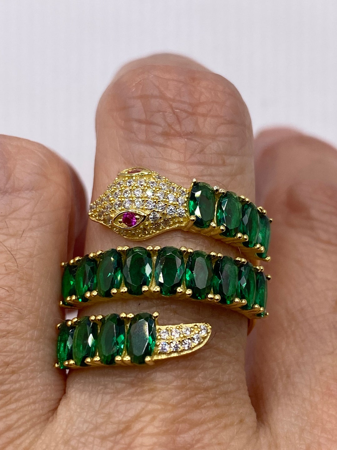 Vintage Gold Sterling Silver Adjustable Green Crystal Snake Ring - Etsy