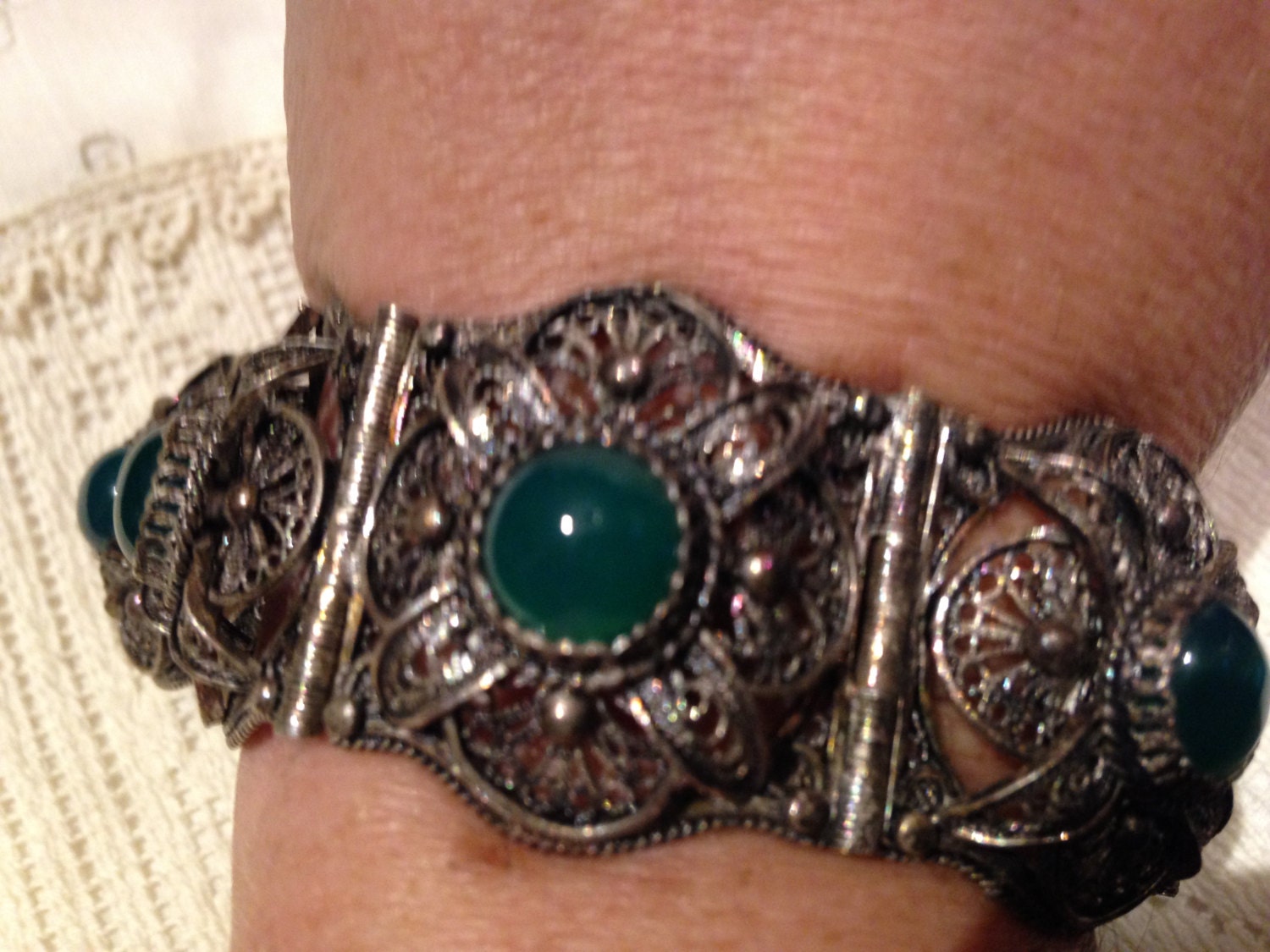 Vintage Gothic Filigree Sterling Silver With Green Onyx Chunky - Etsy