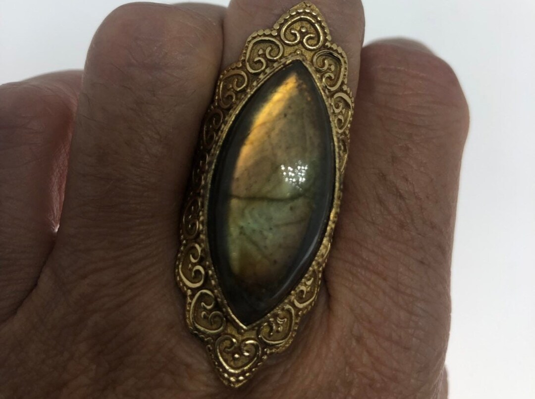 Vintage Large Rainbow Labradorite Stone Brass Ring - Etsy