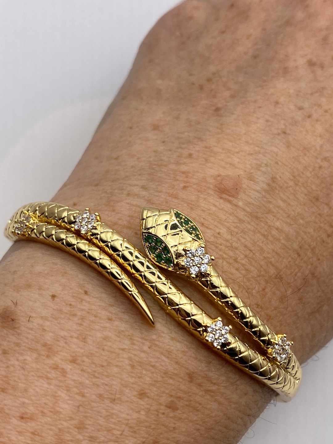 Vintage Snake Bangle Bracelet Golden Filled Green Crystal Eyes - Etsy