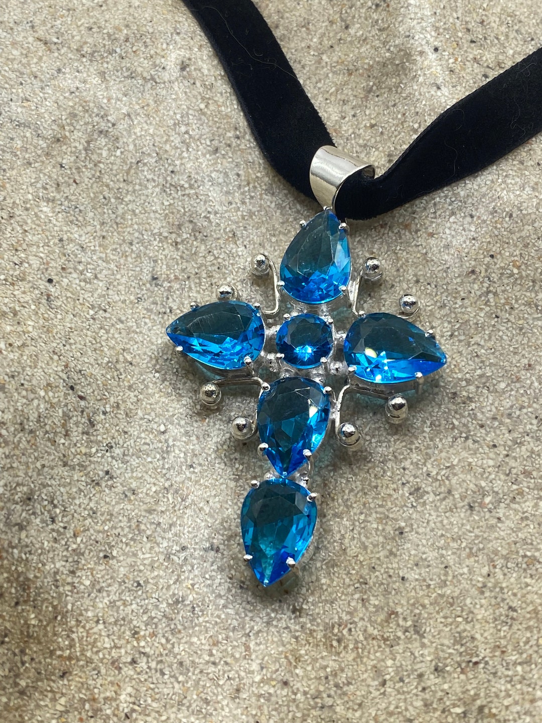 Vintage Aqua Blue Glass Cross Choker Necklace - Etsy