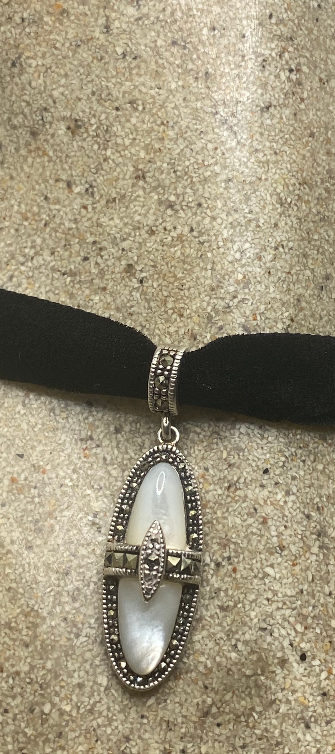 Vintage Marcasite Choker 925 Sterling Silver Mother of Pearl Dangle ...
