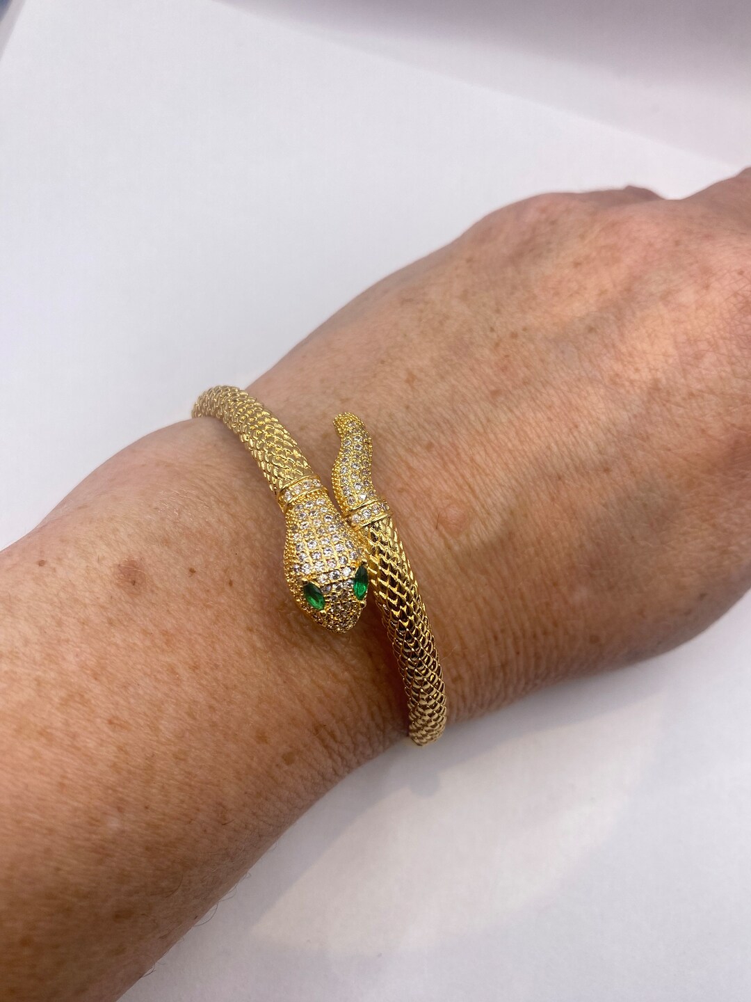 Vintage Snake Bangle Bracelet Gold Filled Green Crystal Eyes - Etsy