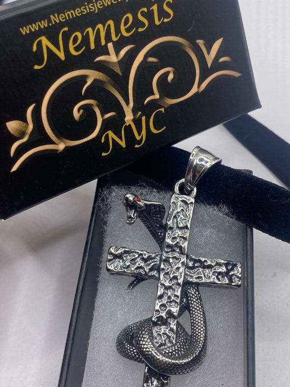 Vintage Stainless Steel Cobra Snake Cross Pendant Nec… - Gem