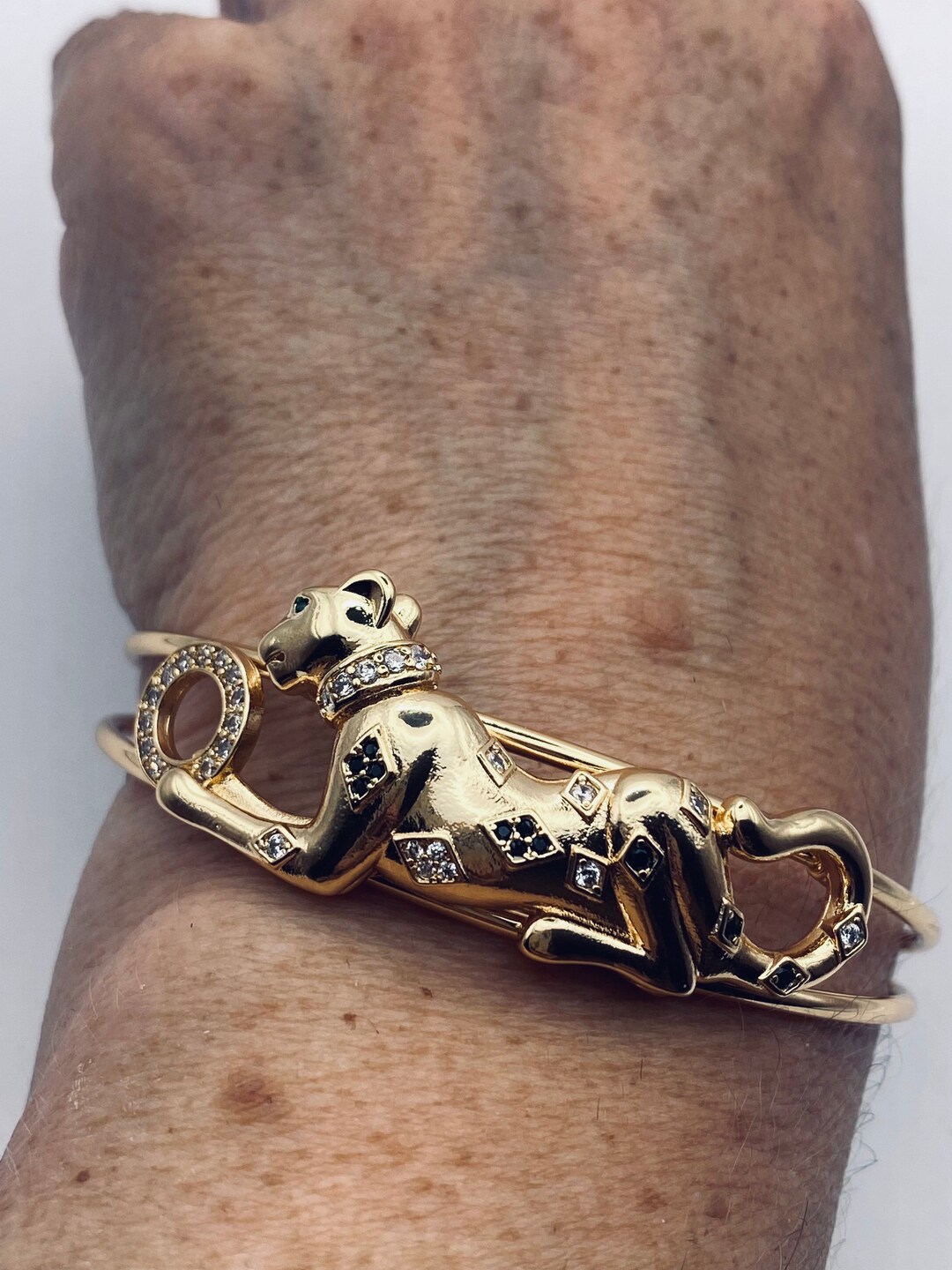 Vintage Cougar Cat Bangle Bracelet Gold Filled Green Crystal Eyes - Etsy