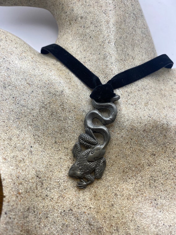 Vintage Pewter Snake Frog Lucky Amulet Pendant - Gem