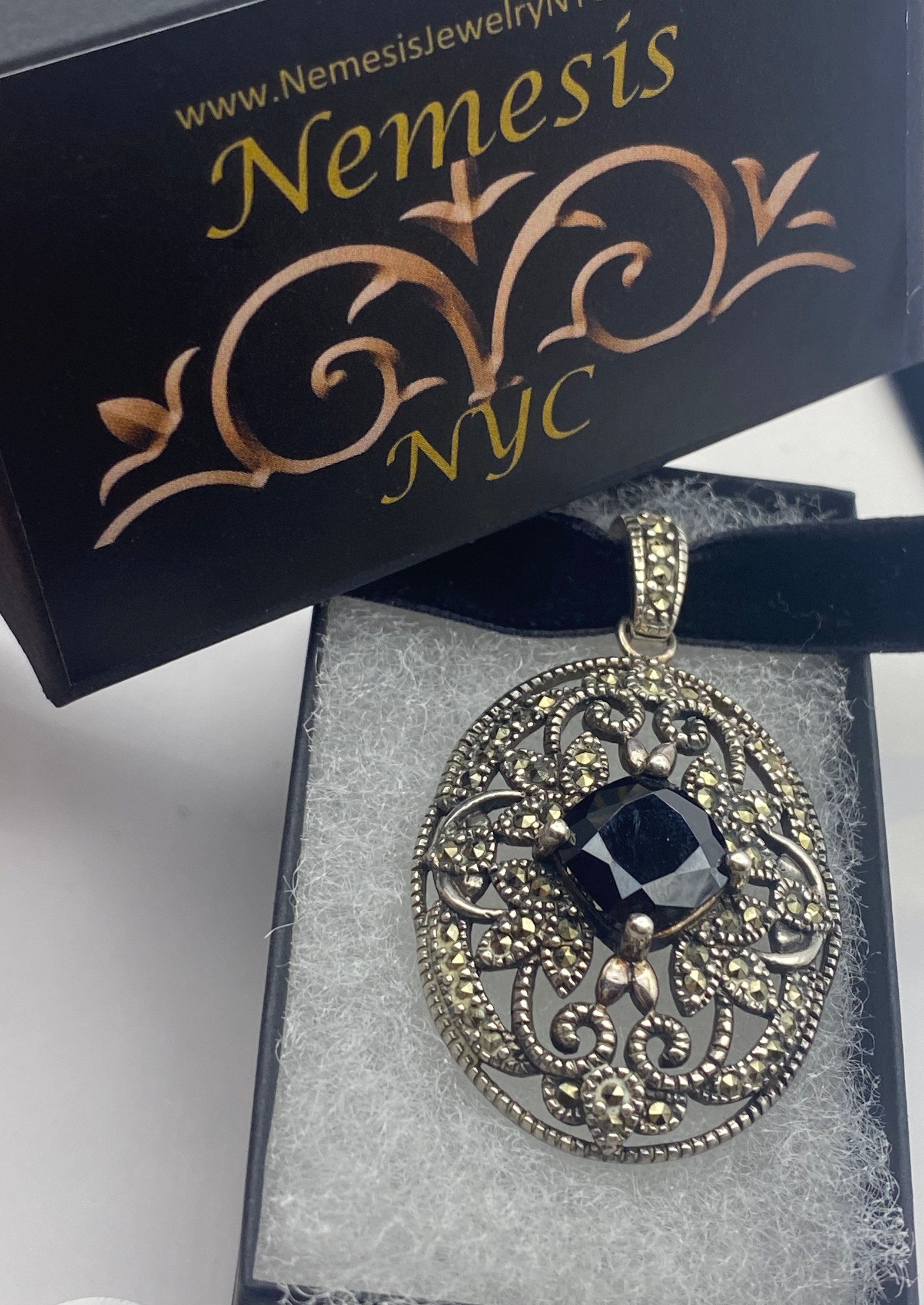 Vintage Black Onyx Marcasite Choker 925 Sterling Silver Deco Pendant ...