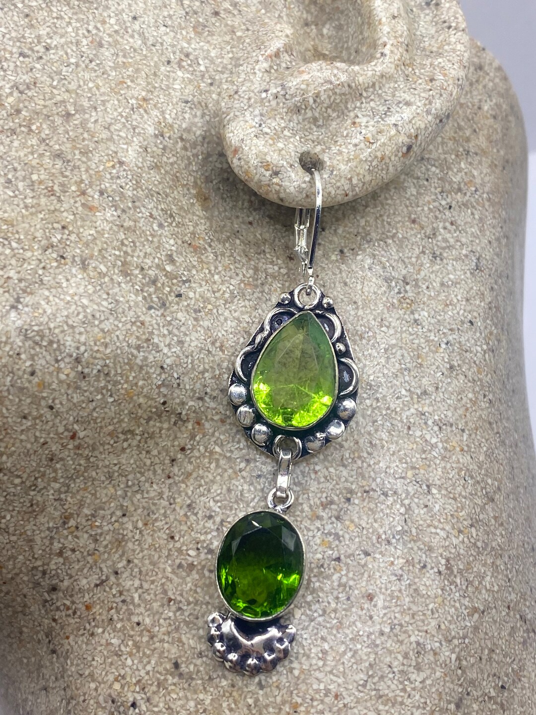 Vintage Green Crystal Glass Earrings 925 Sterling Silver Leverback - Etsy