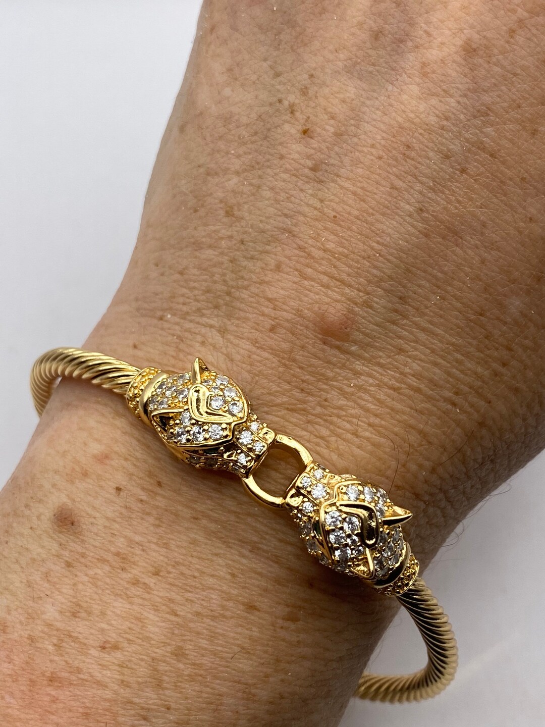 Vintage Cougar Cat Bangle Bracelet Gold Filled Green Crystal Eyes - Etsy