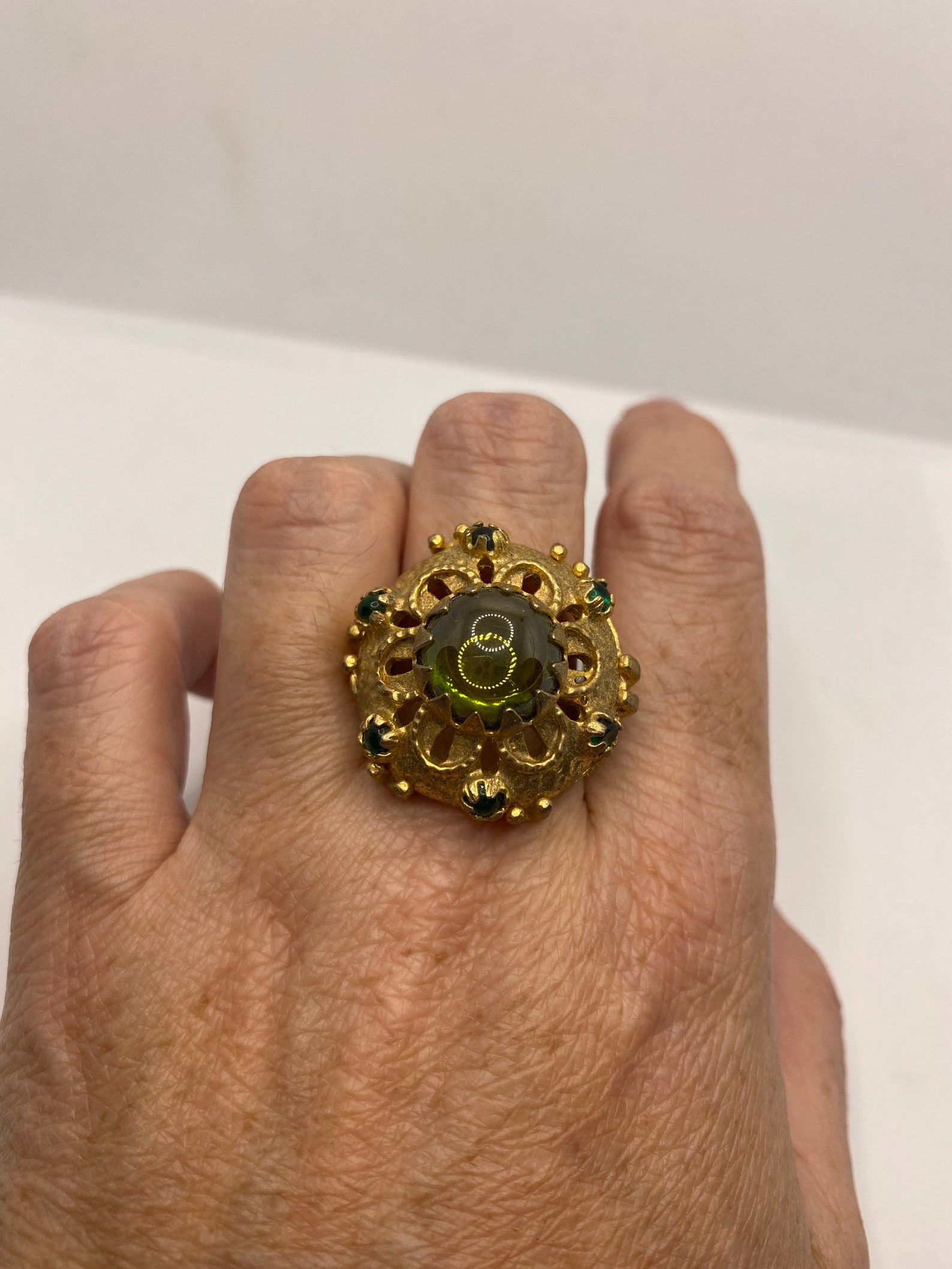 Vintage Green Peridot Glass Golden Bronze Ring - Etsy
