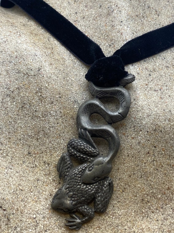 Vintage Pewter Snake Frog Lucky Amulet Pendant - Gem