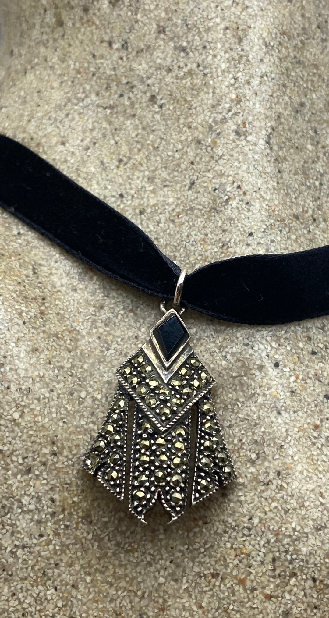 Vintage Black Onyx Marcasite Choker 925 Sterling Silver Deco Pendant ...