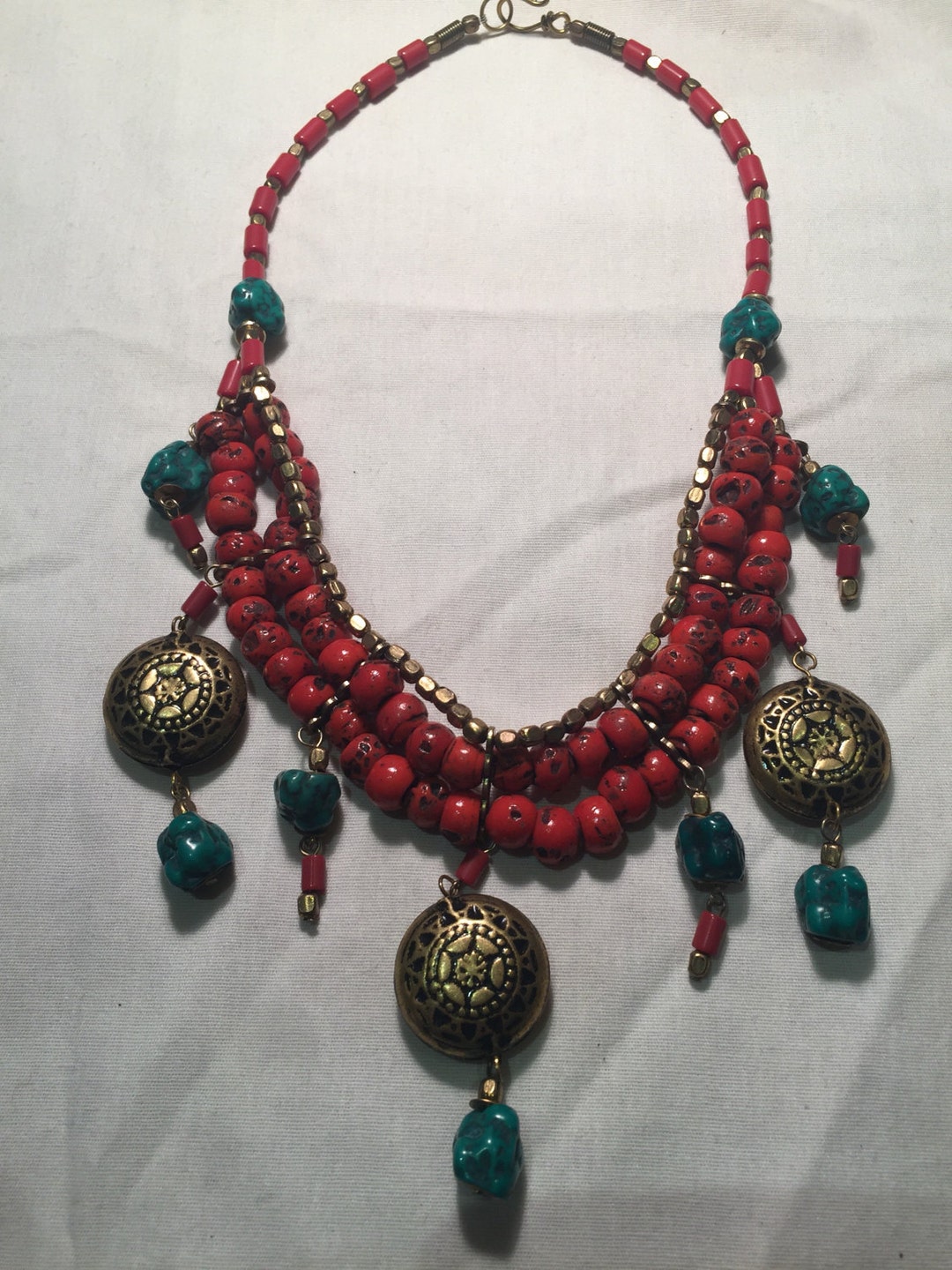 Vintage Hand Wrapped Red Color Enhanced Tibetan Necklace. - Etsy
