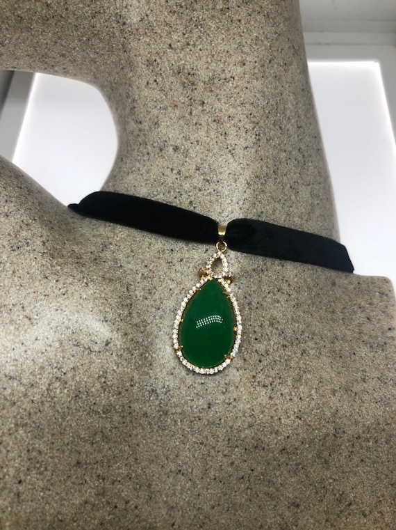 Vintage Green Jade Choker Gold Finish necklace penda… - Gem