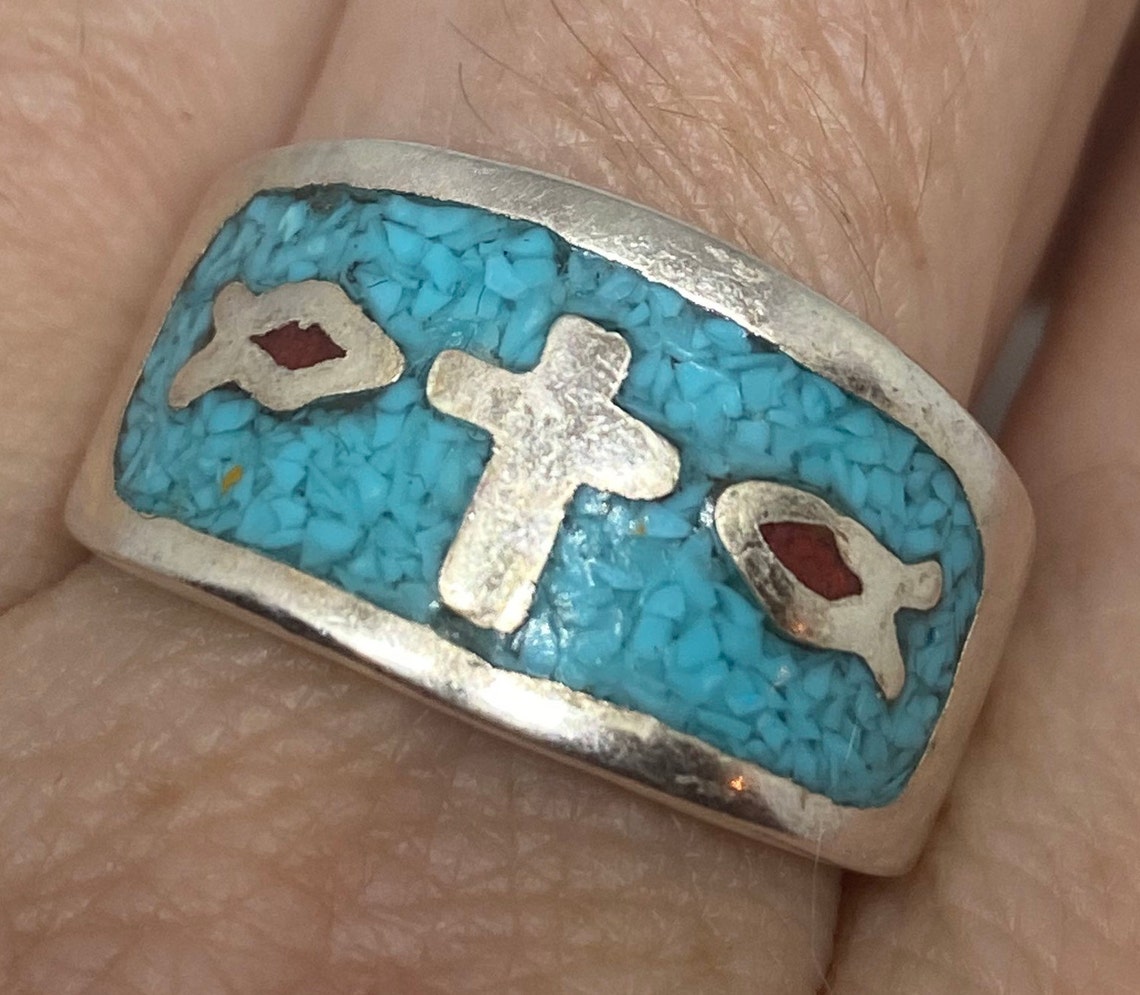 Vintage Native American Style Southwestern Turquoise Cross Inlay Ring ...