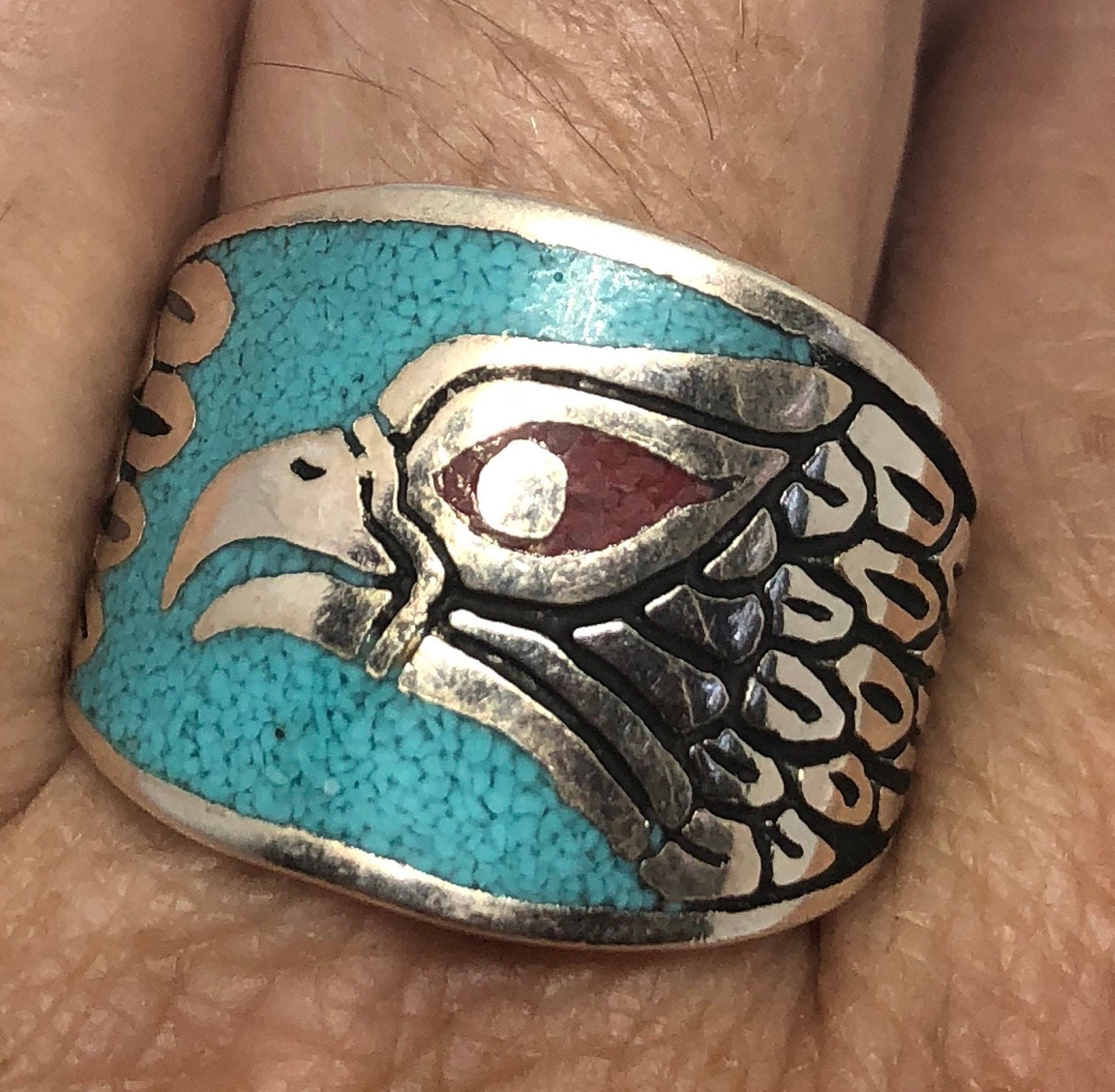 Vintage Native American Style Southwestern Turquoise Stone Inlay Mens ...