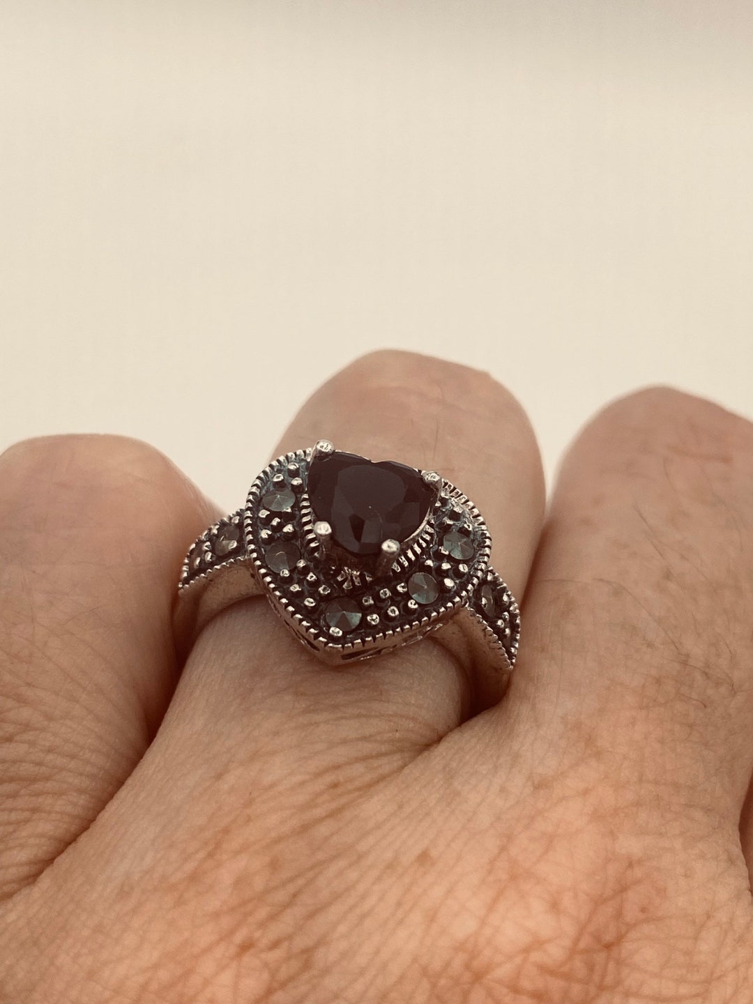 Vintage Heart Red Bohemian Garnet Marcasite Ring 925 Sterling Silver ...