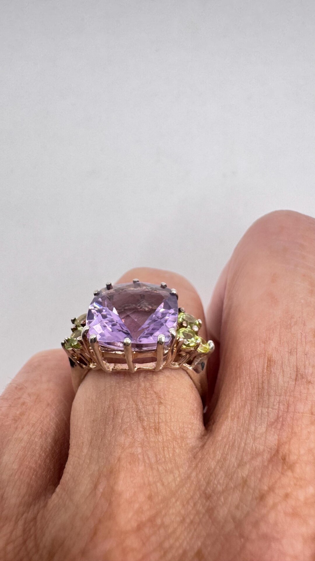 Vintage Purple Amethyst Green Peridot Cocktail Ring 925 Sterling Silver ...