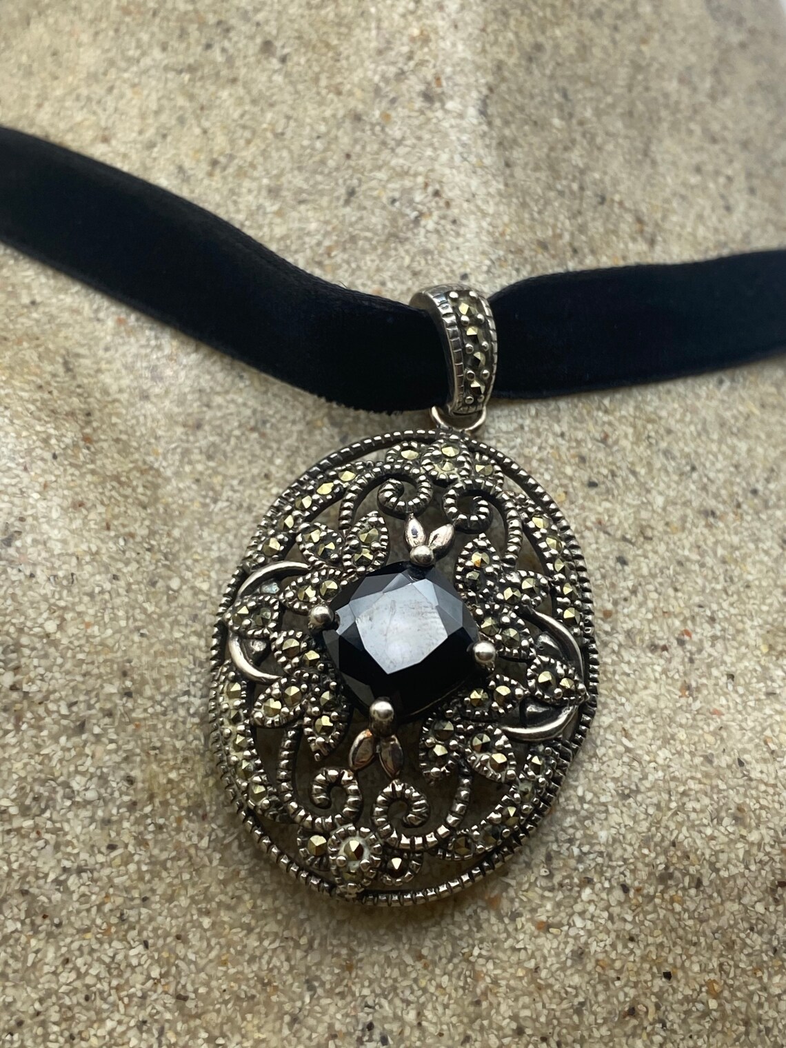 Vintage Black Onyx Marcasite Choker 925 Sterling Silver Deco Pendant ...