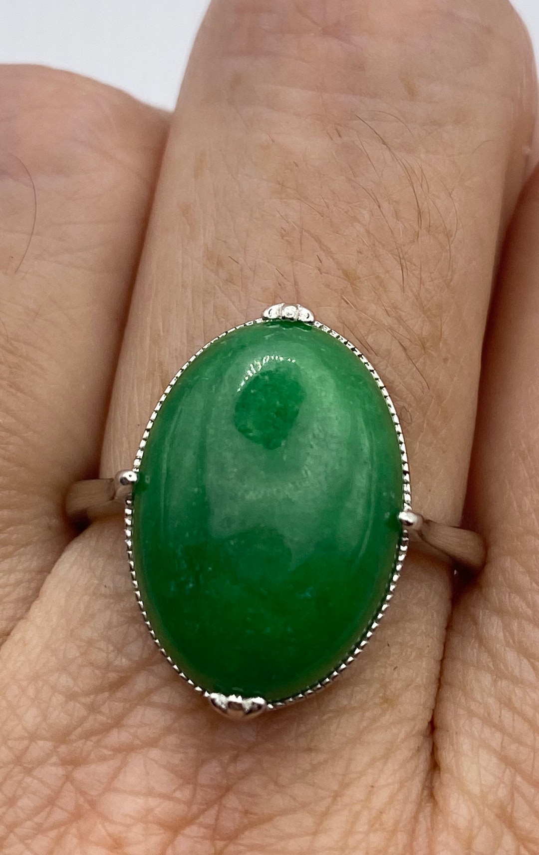 Vintage Fun Green Jade 925 Sterling Silver Cocktail Ring - Etsy