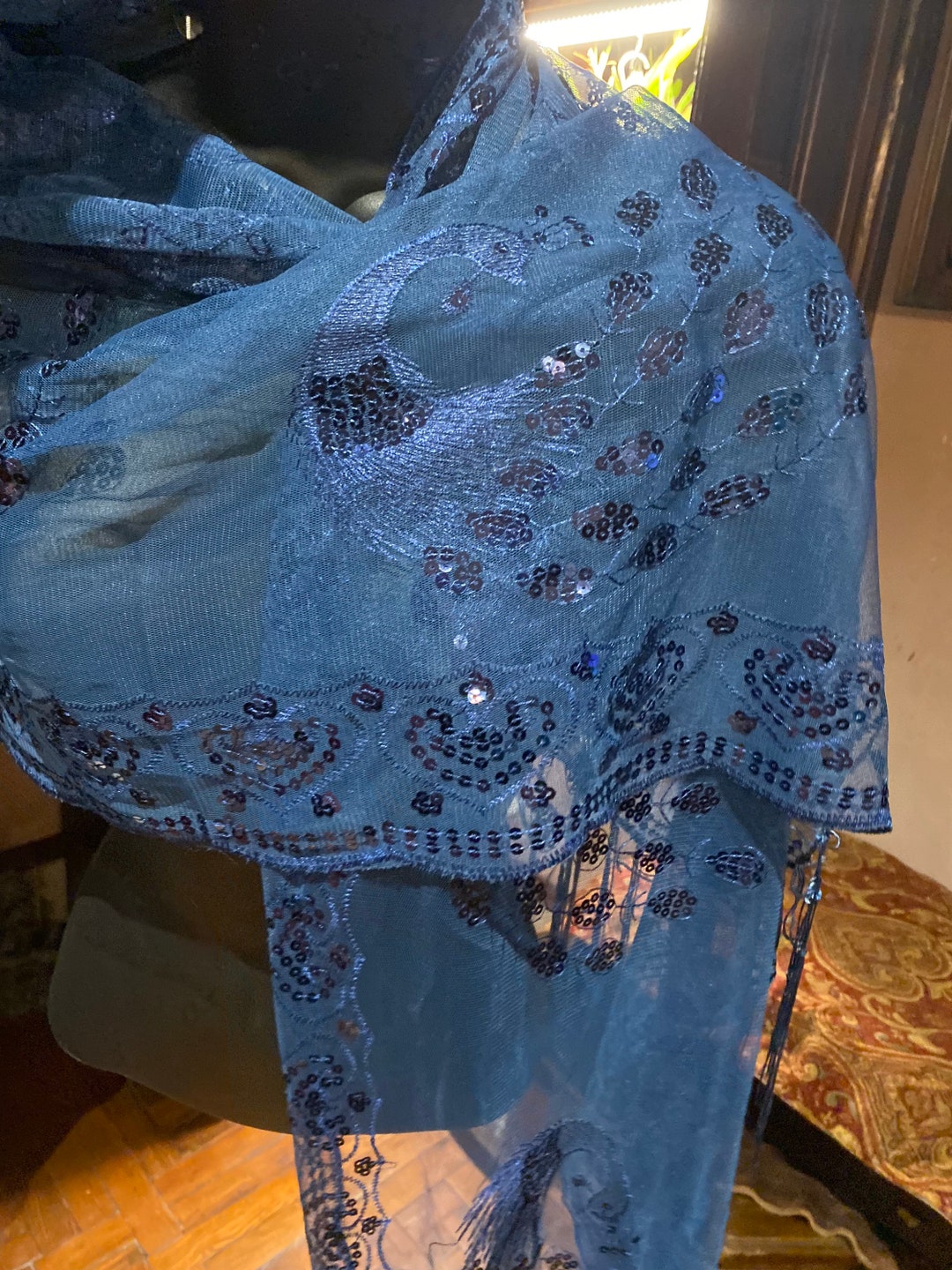 Vintage Styled Sheer Navy Blue Peacock Sequined Embroidered Wrap Shawl ...