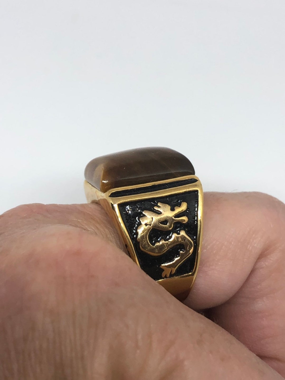 Vintage Gothic Gold Finished Stainless Steel Genuine Tiger Eye Dragon ...
