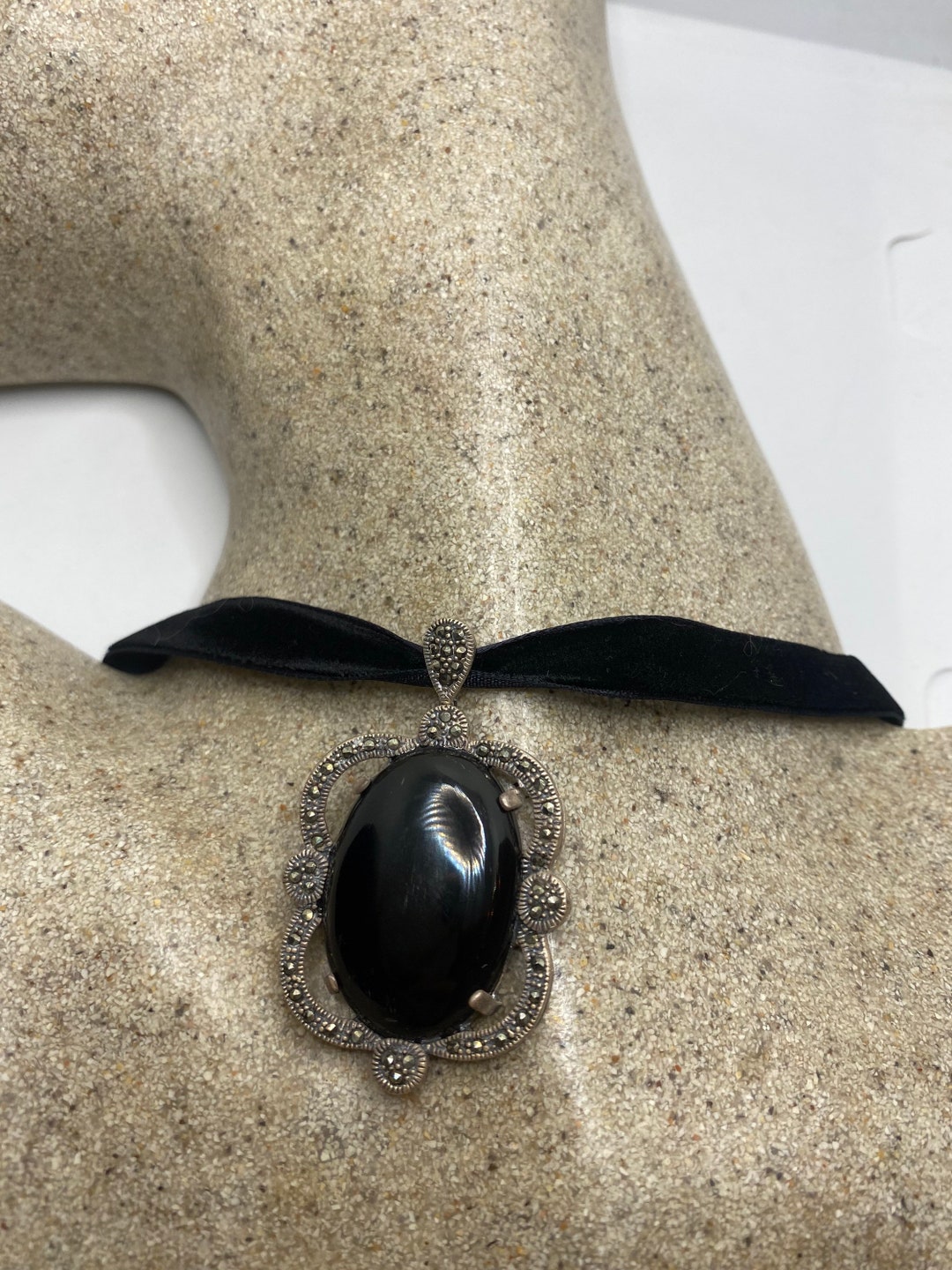 Vintage Black Onyx Marcasite Choker 925 Sterling Silver Deco Pendant ...