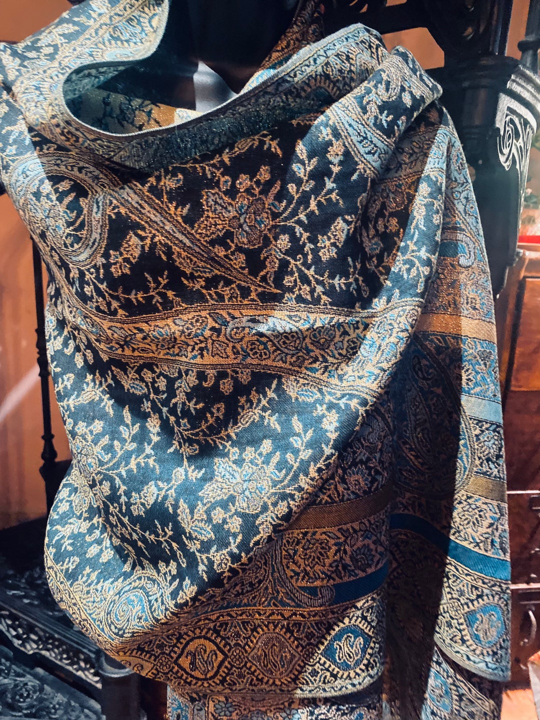 Jamawar Blue Gold Paisley Brocade Pashmina Scarf Wrap Shawl - Etsy