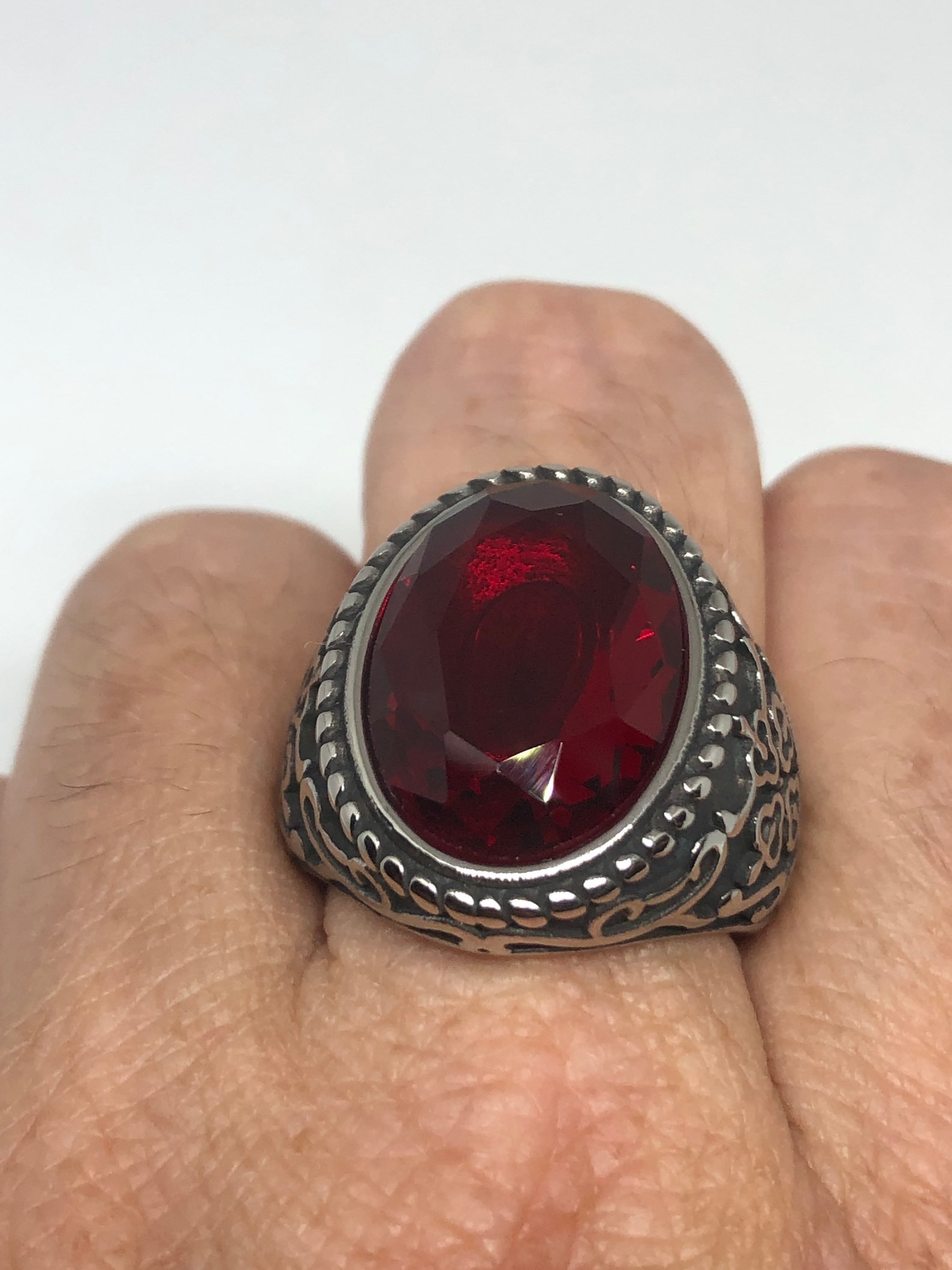 Vintage Red Ruby Glass Mens Ring Stainless Steel | Etsy