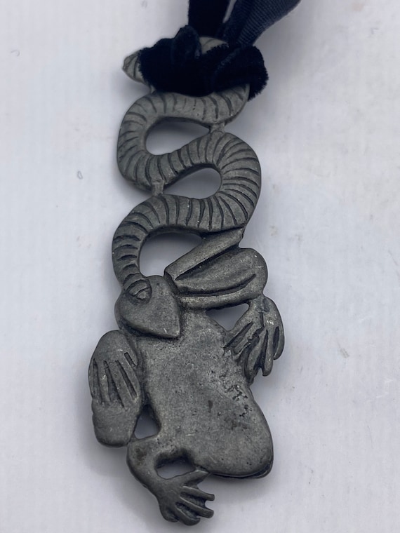 Vintage Pewter Snake Frog Lucky Amulet Pendant - Gem
