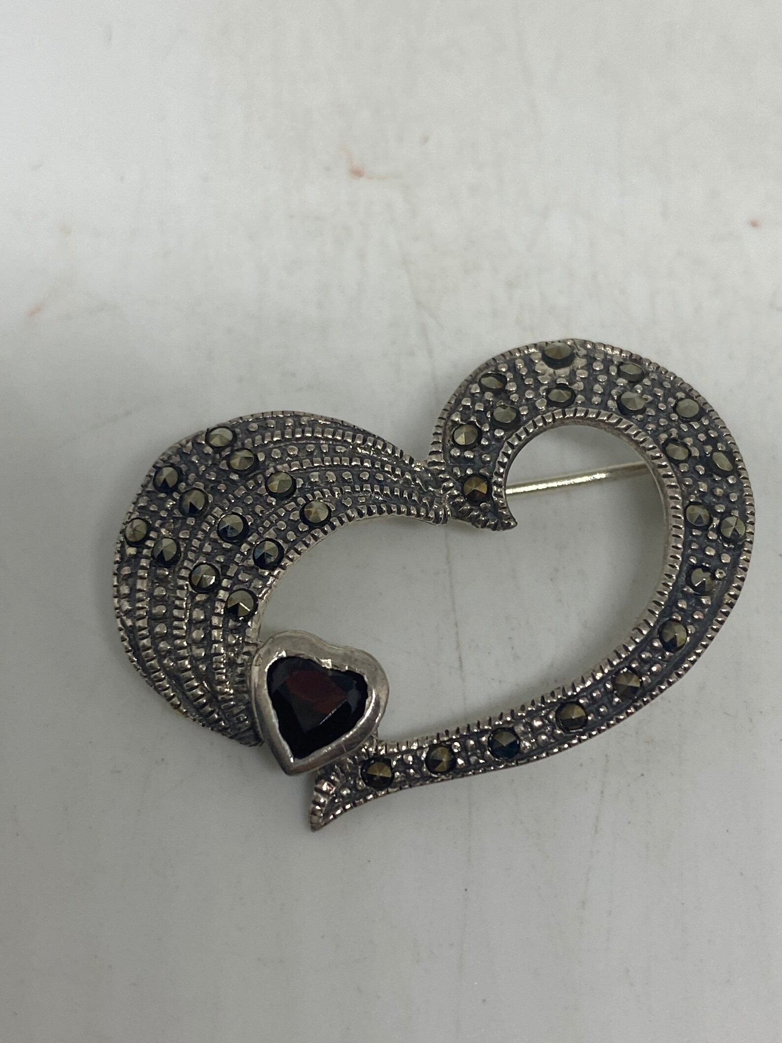 Vintage Heart Pin Marcasite 925 Sterling Silver Garnet - Etsy