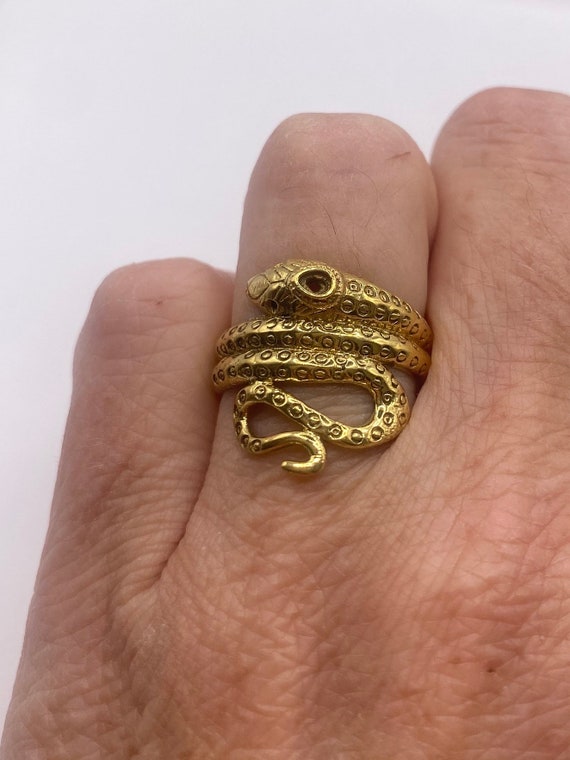 Vintage Gothic Golden Bronze Snake Serpent Ring - Gem