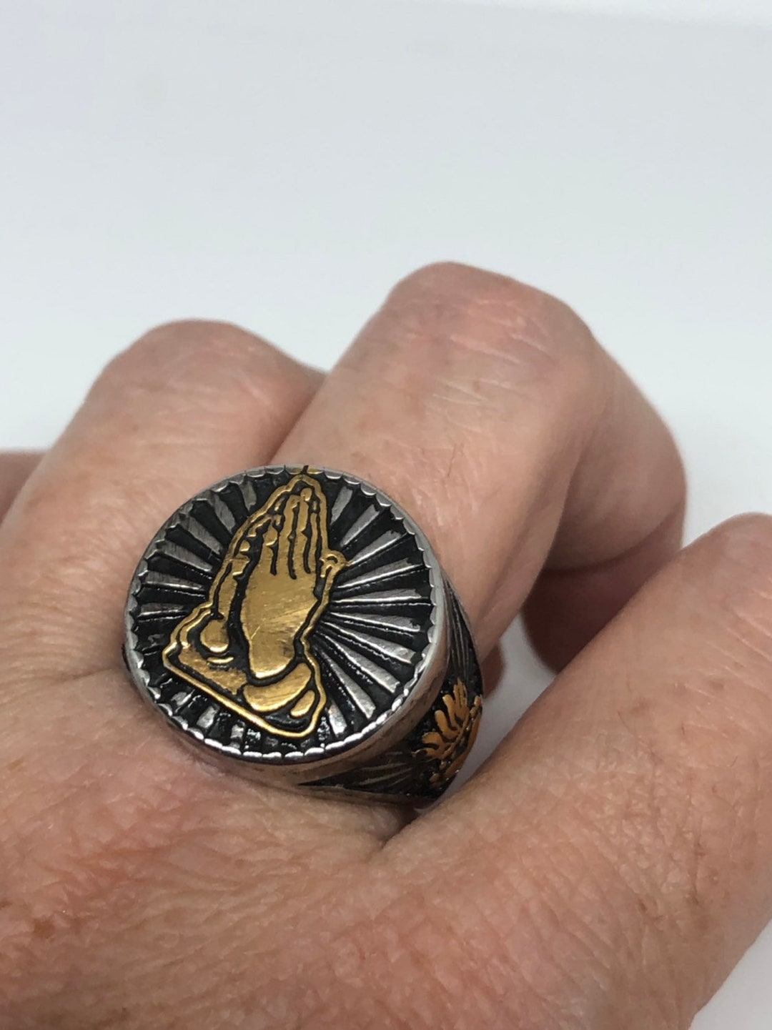 Vintage Gothic Silver Stainless Steel Praying Hands Sacred Heart Mens ...