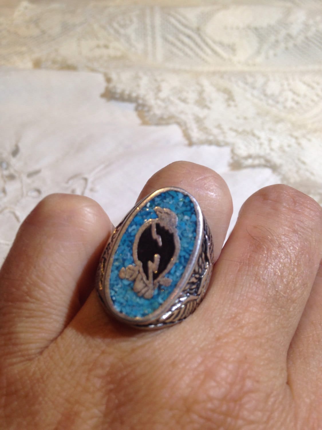 Vintage Native American Style Southwestern Turquoise Stone Inlay Mens ...