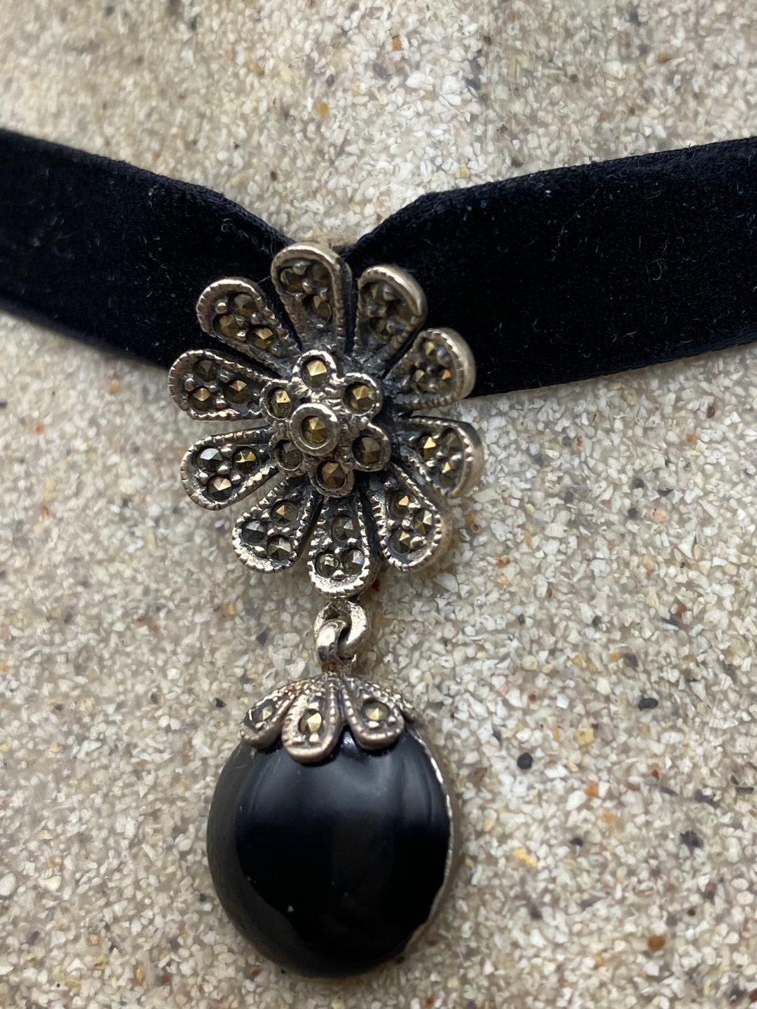 Vintage Marcasite Choker 925 Sterling Silver Black Onyx Pendant ...