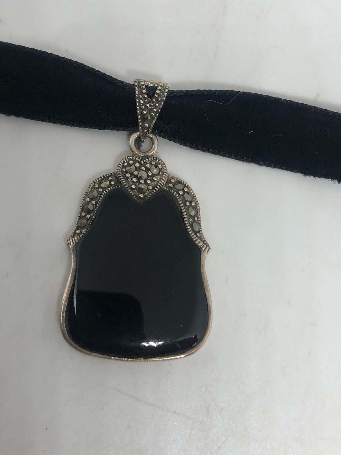 Vintage Black Onyx Marcasite Choker 925 Sterling Silver Deco Pendant ...
