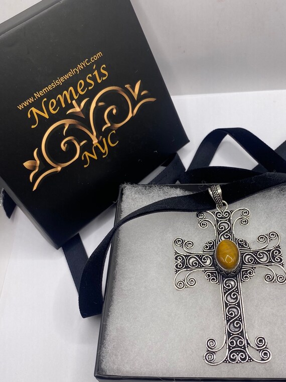 Vintage gothic tigers eye cross Pendant Necklace - Gem