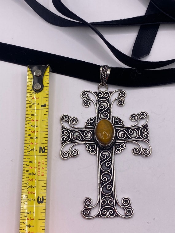 Vintage gothic tigers eye cross Pendant Necklace - Gem