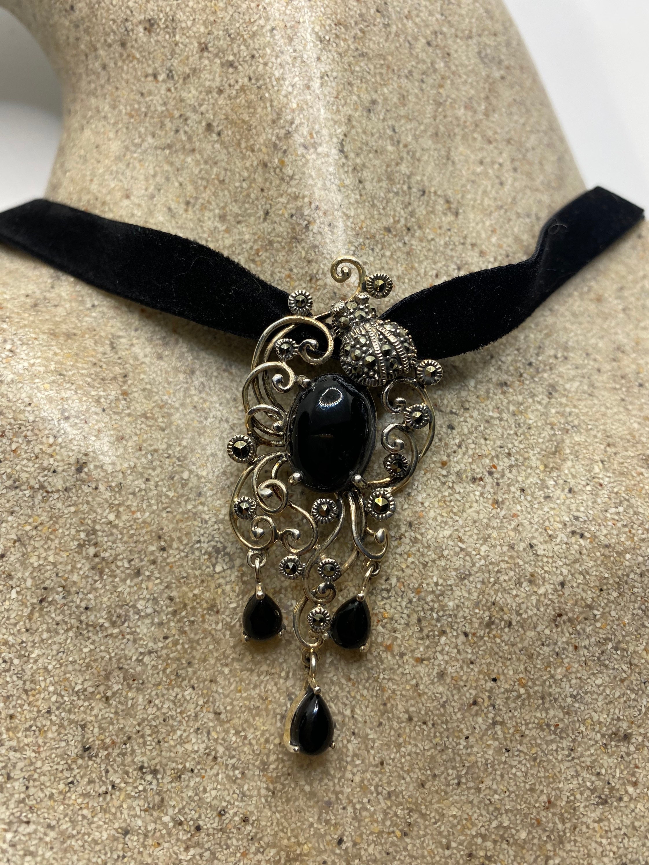 Vintage Black Onyx Marcasite Choker 925 Sterling Silver Deco Pendant ...