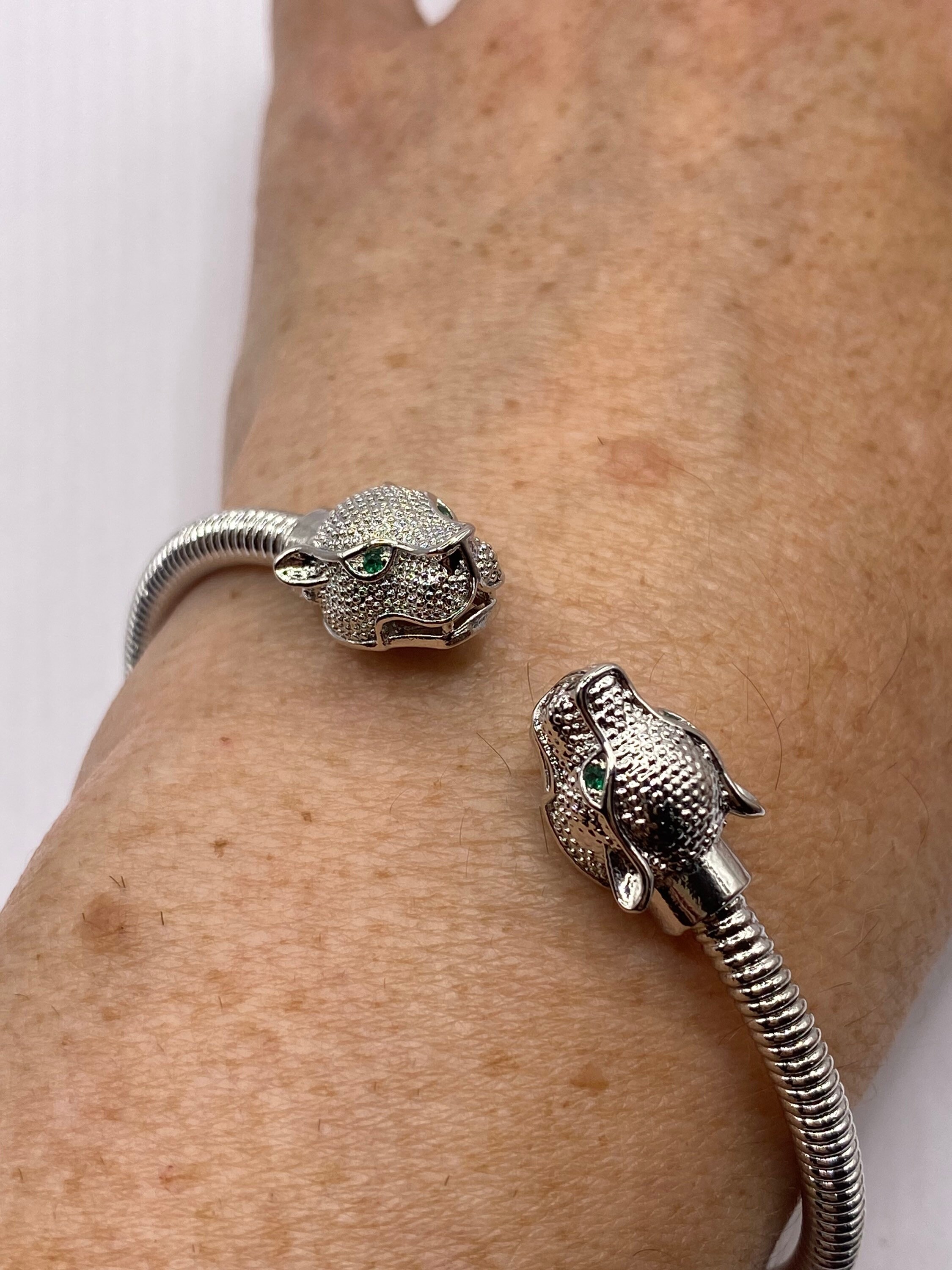 Vintage Cougar Cat Bangle Bracelet White Golden Filled Green Crystal ...