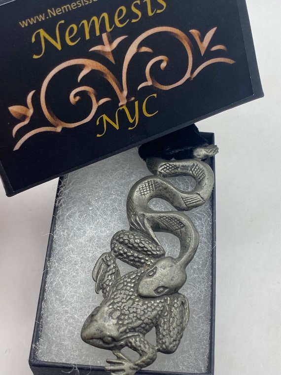 Vintage Pewter Snake Frog Lucky Amulet Pendant - Gem