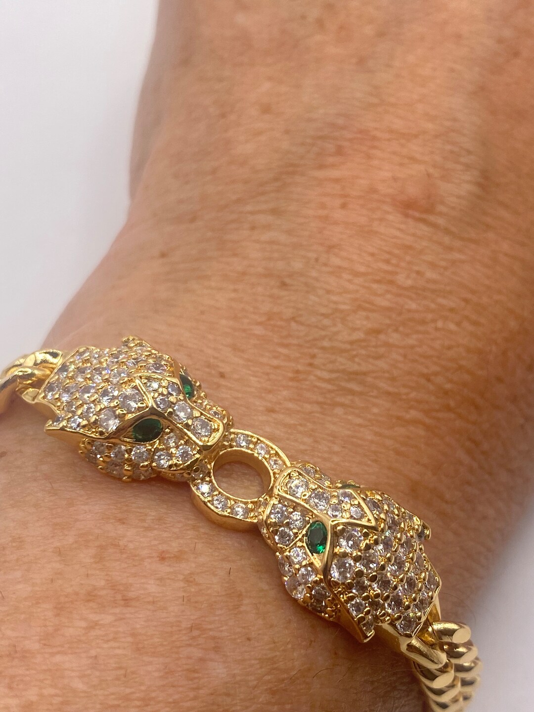 Vintage Cougar Cat Bangle Bracelet Golden Filled Green Crystal Eyes - Etsy