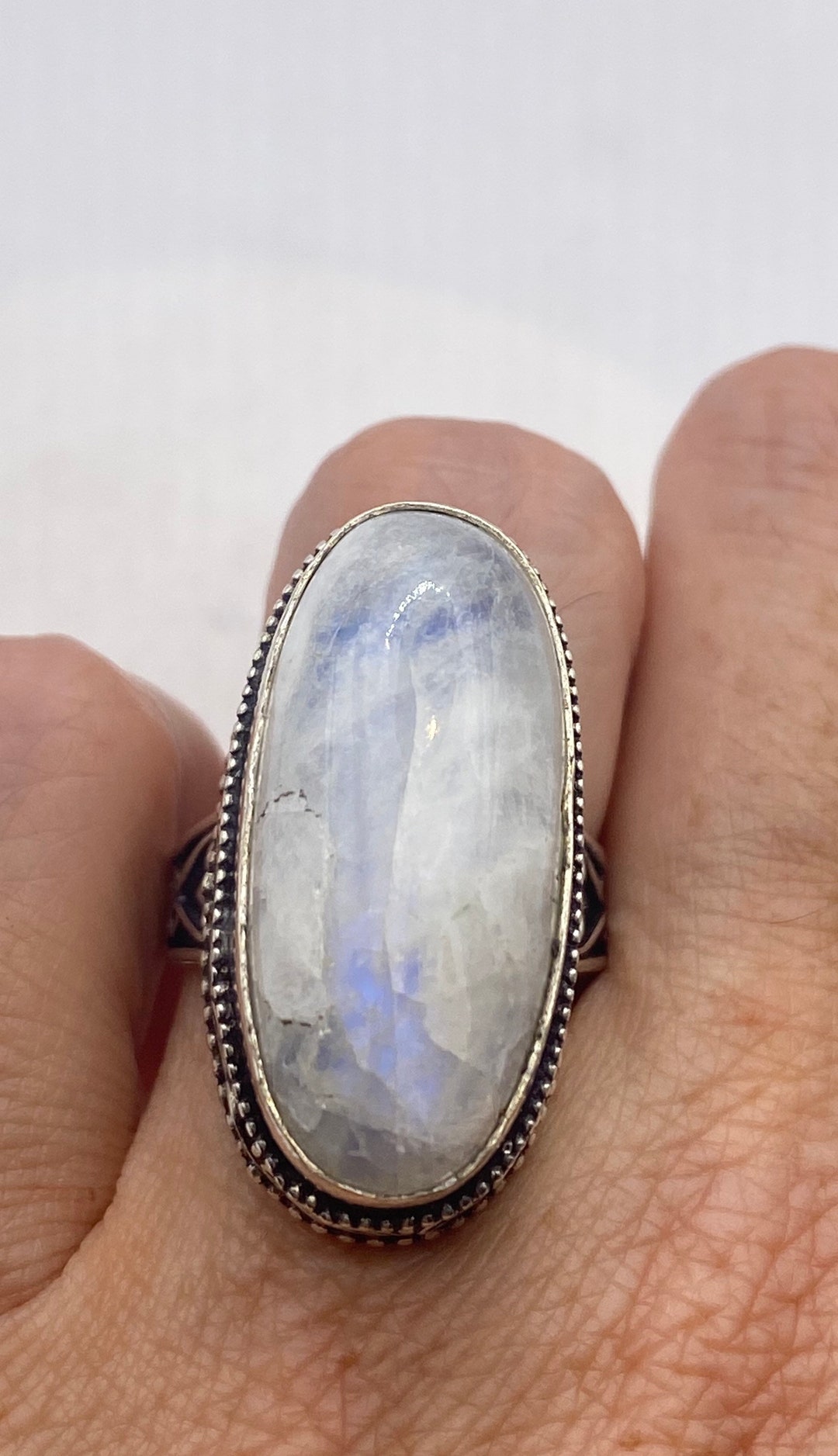 Vintage Large Blue White Rainbow Moonstone Stone Silver Ring - Etsy