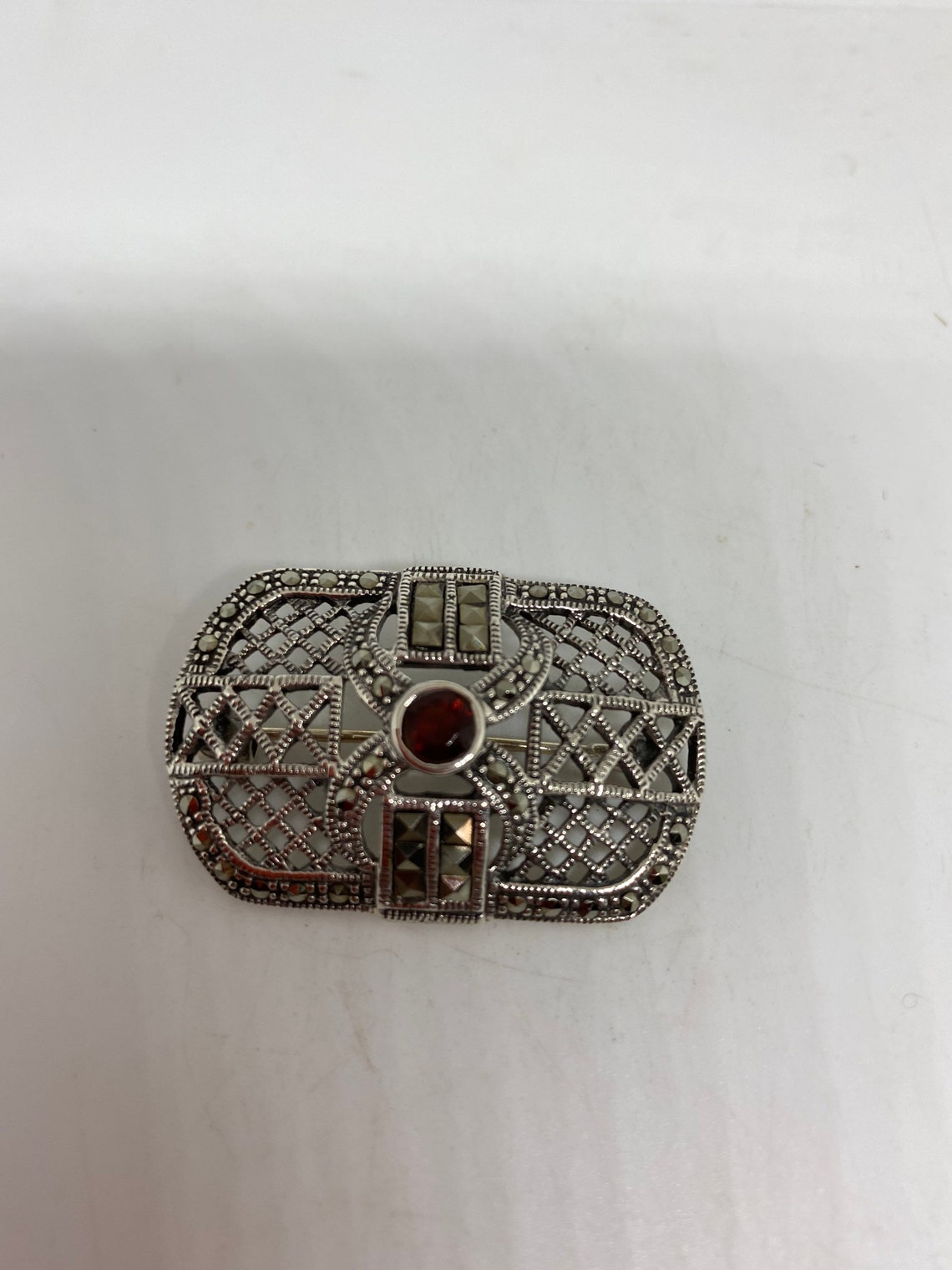 Vintage Red Garnet Pin Marcasite 925 Sterling Silver Brooch - Etsy